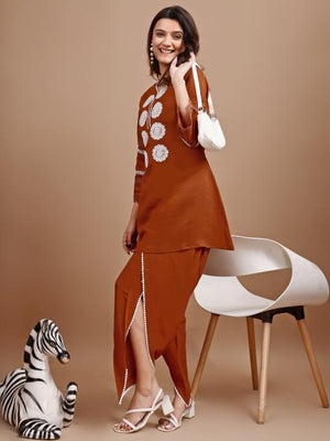 Rust color silk blend with white thread embroidered tunic and dhoti Co
