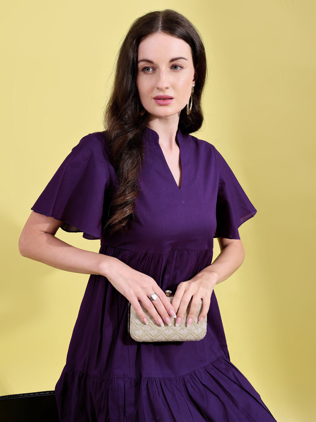 VIOLET COLOR PURE COTTON WITH TIERED A-LINE ETHNIC DRESS